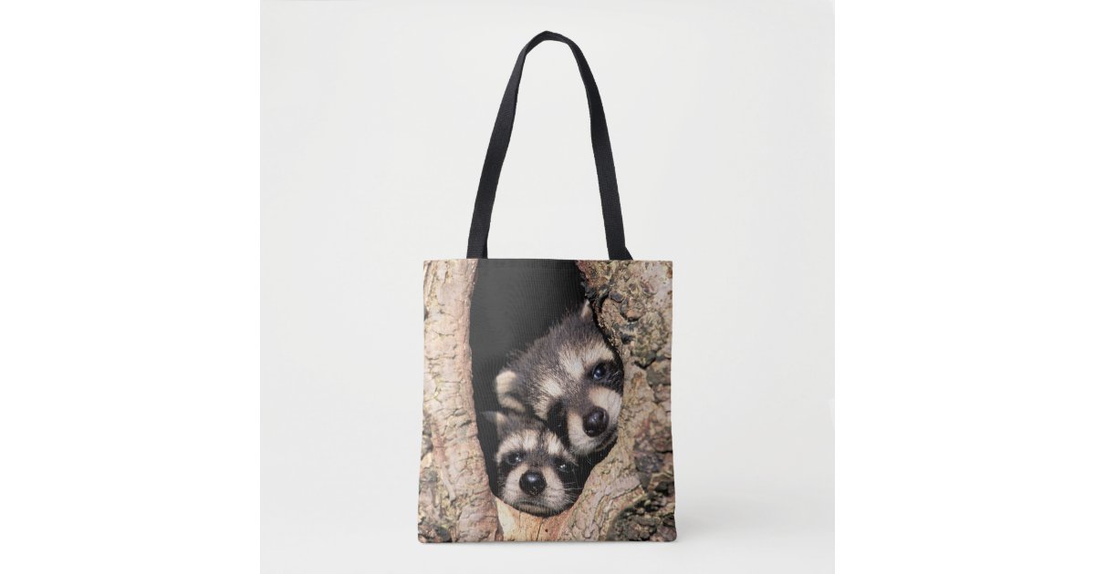 Baby Raccoons Peeking out of Tree Tote Bag | Zazzle