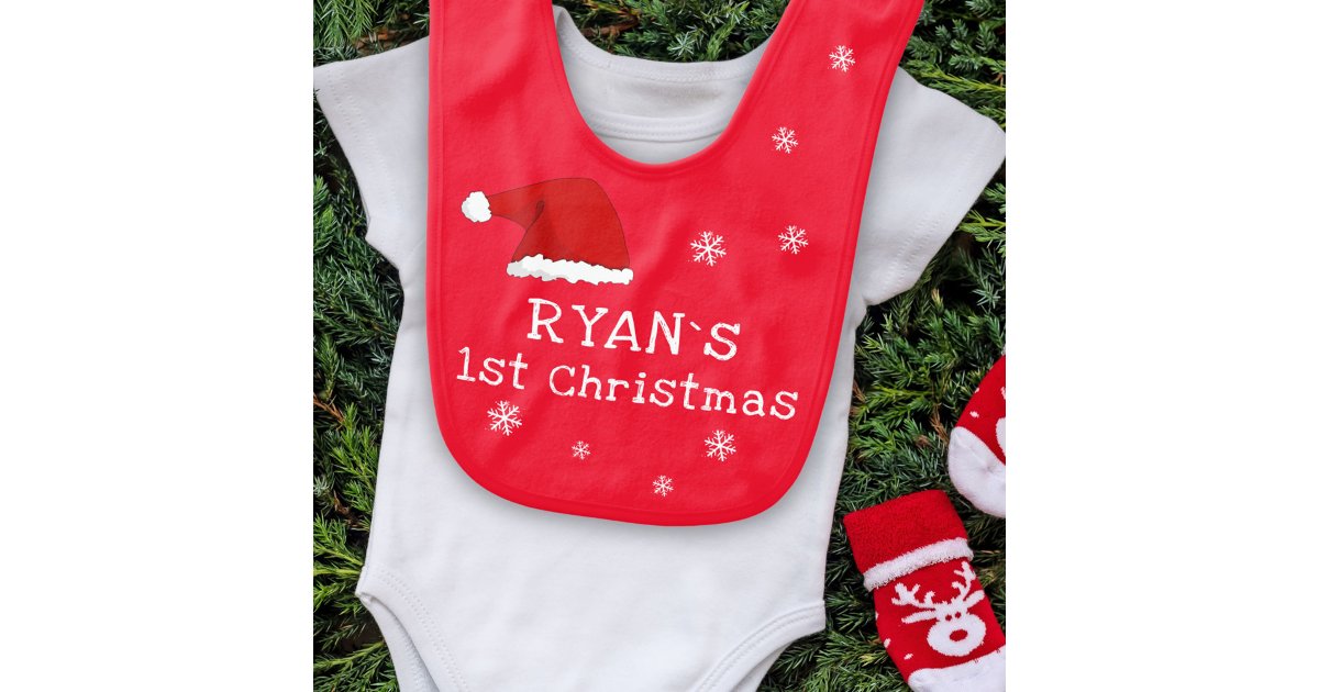 Baby`s First Christmas Red Santa Hat Snowflake Baby Bib | Zazzle
