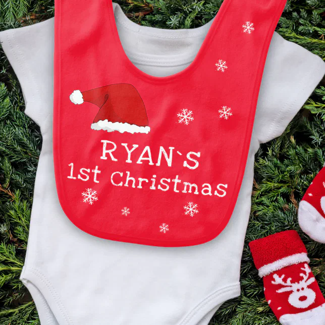 Baby`s First Christmas Red Santa Hat Snowflake Baby Bib | Zazzle
