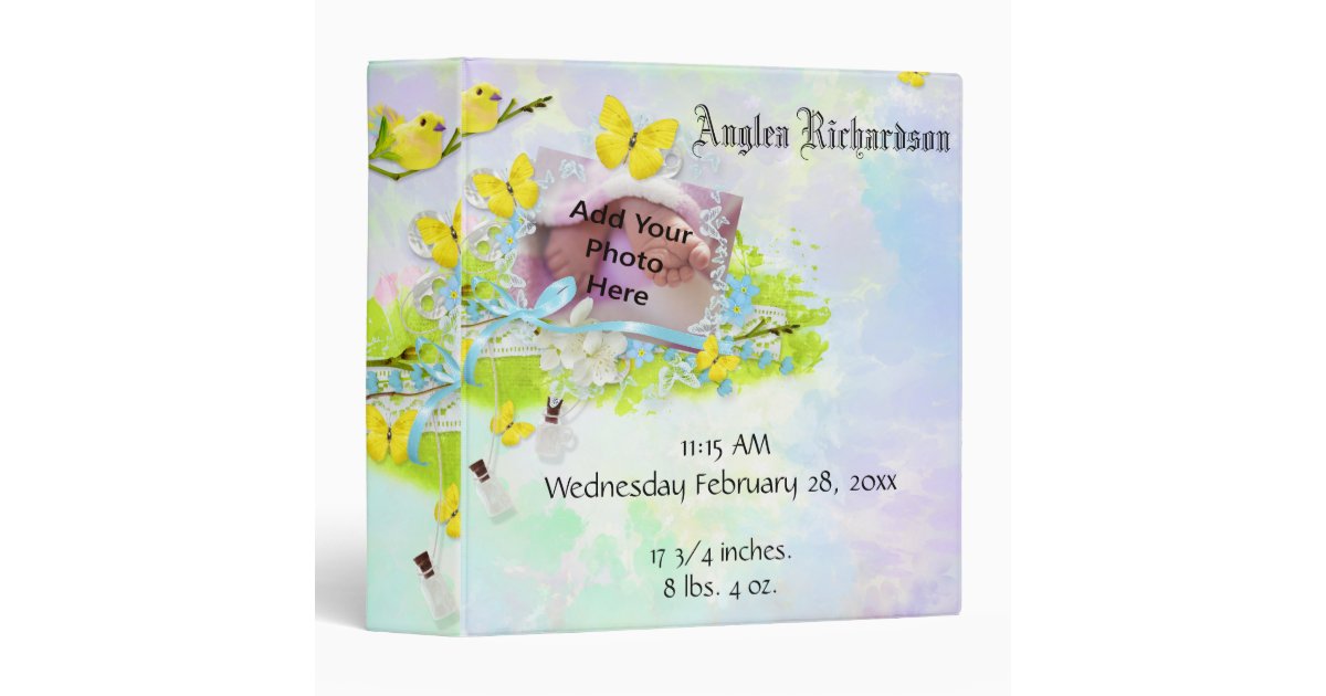Baby’s Yellow Bird and Butterfly Photo Frame 3 Ring Binder | Zazzle