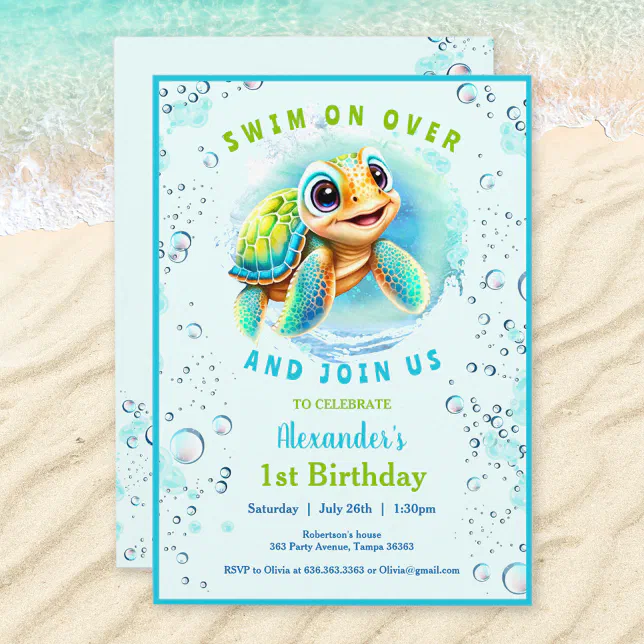 Baby Sea Turtle Boy Custom Age First Birthday Invitation | Zazzle