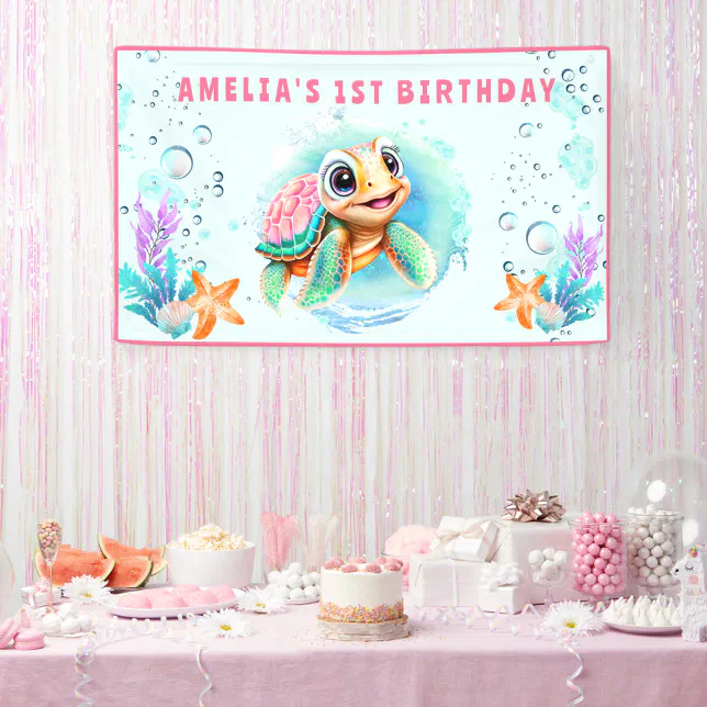 Baby Sea Turtle Girl 1st Birthday Party Banner | Zazzle