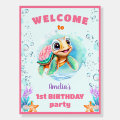 Baby Sea Turtle Girl 1st Birthday Party Sign | Zazzle