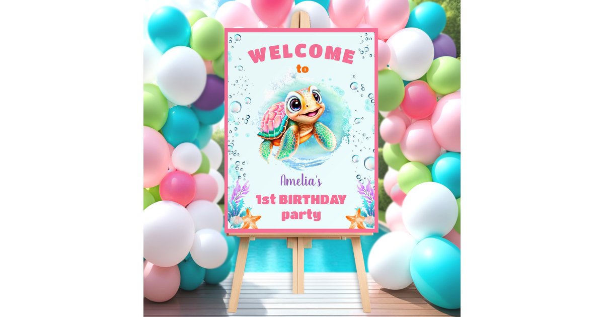 Baby Sea Turtle Girl 1st Birthday Party Sign | Zazzle
