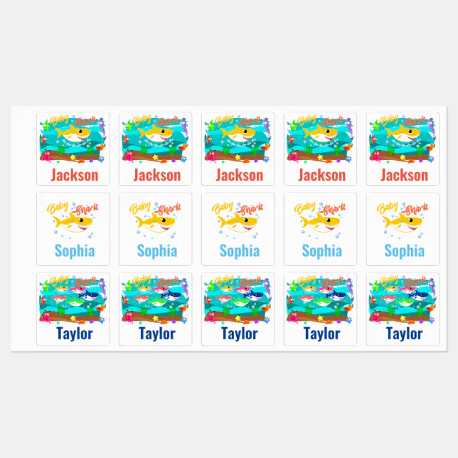 Baby Shark and Family Personalized Kids Labels | Zazzle