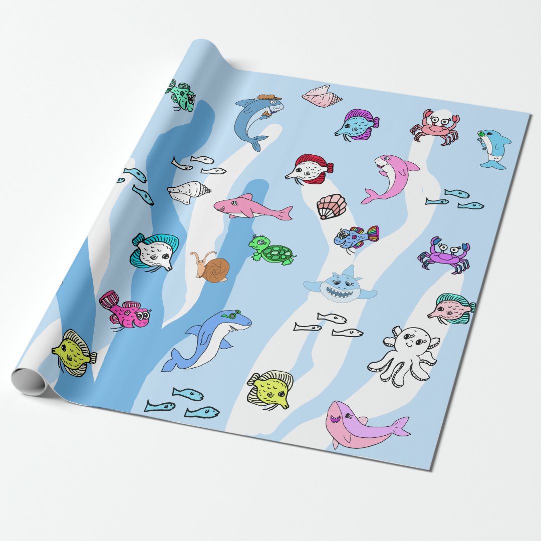 Baby Shark Family and Sea Creatures Birthday Wrapping Paper | Zazzle