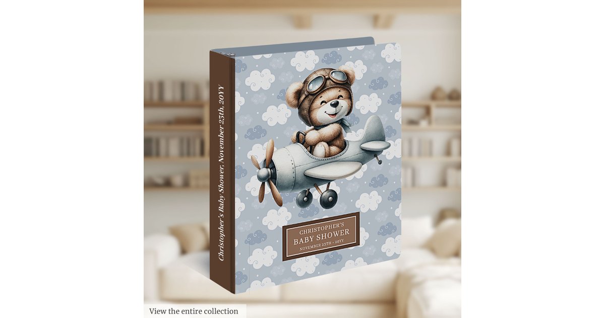 Baby Shower Album Binder with Teddy Bear Pilot | Zazzle