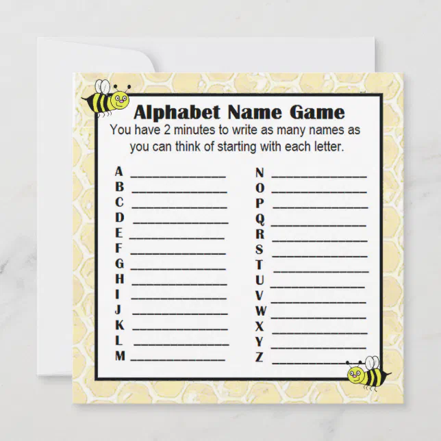 Baby Shower Alphabet Name Game BINGO Bumblebee Invitation | Zazzle