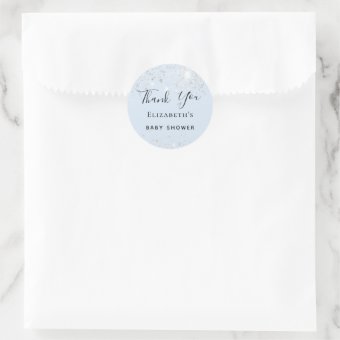 Baby Shower baby blue silver glitter Thank You Classic Round Sticker ...