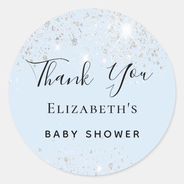 Baby Shower baby blue silver glitter Thank You Classic Round Sticker ...