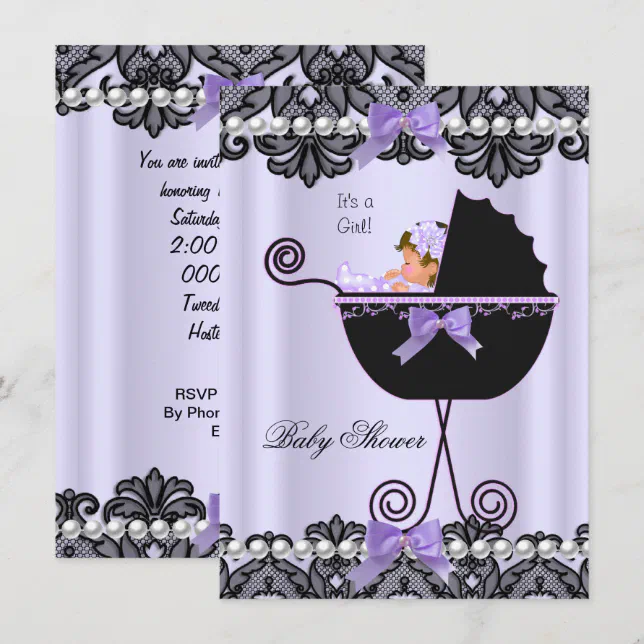 Baby Shower Baby Girl Lavender Purple Black Lace Invitation | Zazzle