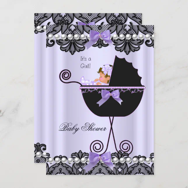 Baby Shower Baby Girl Lavender Purple Black Lace Invitation | Zazzle