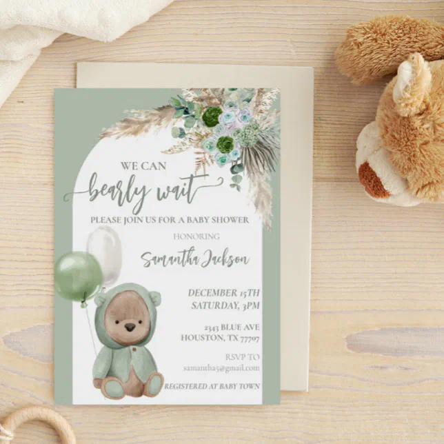 Baby Shower Bearly Wait Green Boho Bear Invitation | Zazzle