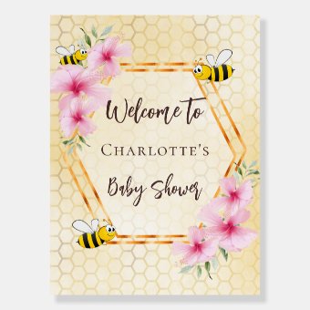 Baby shower bees honeycomb pink florals welcome foam board | Zazzle