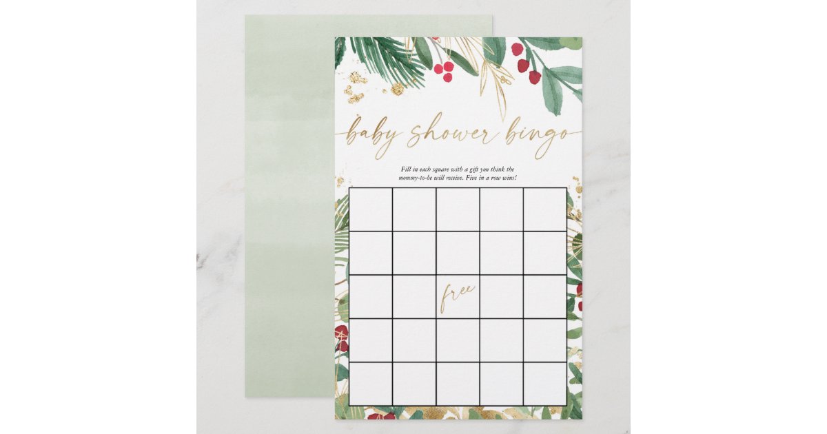 Baby shower bingo christmas holiday greenery gold | Zazzle