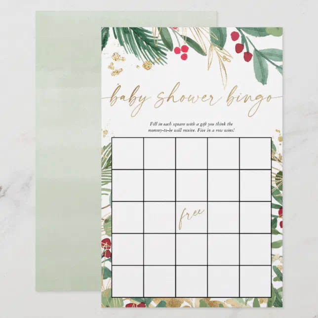 Baby shower bingo christmas holiday greenery gold | Zazzle