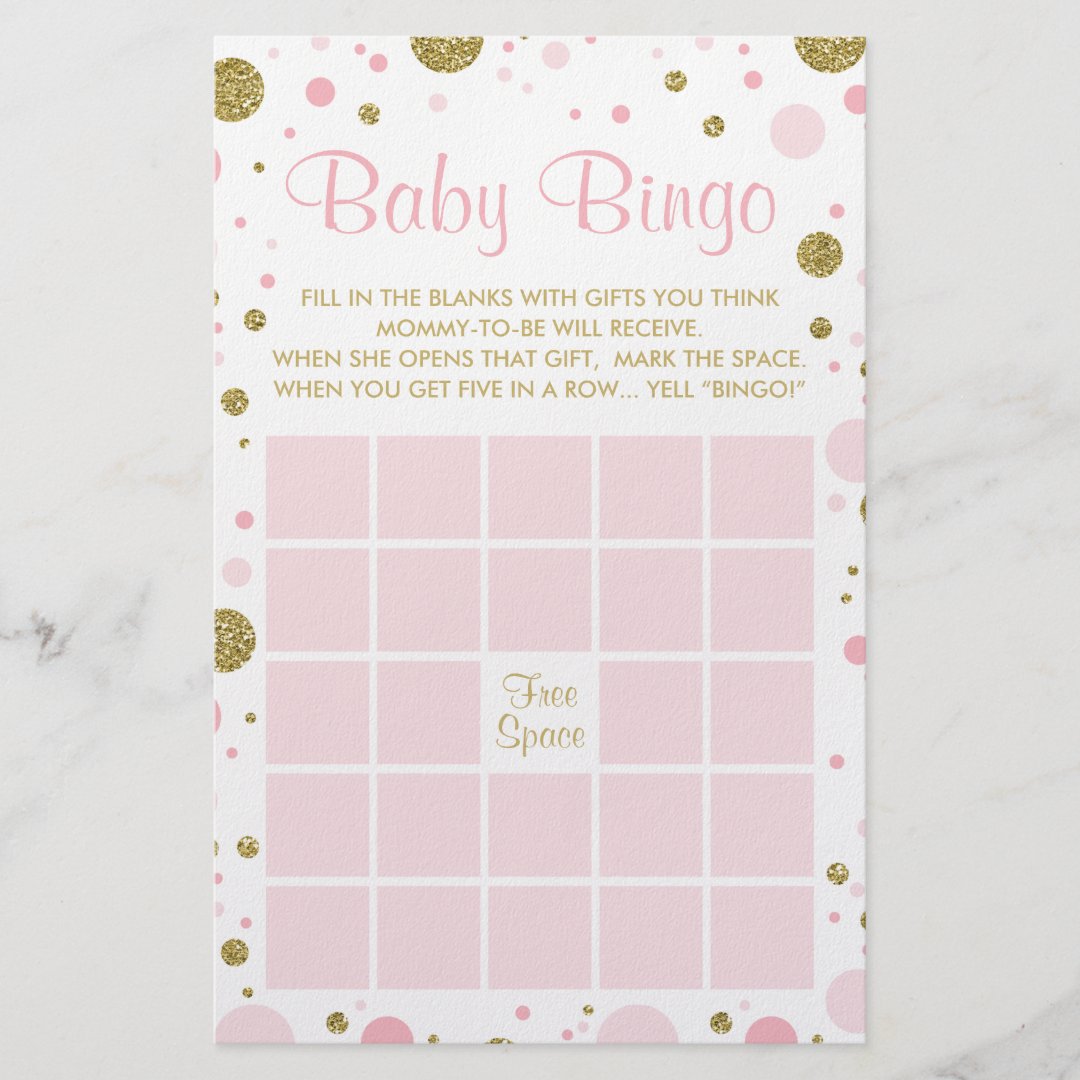Baby Shower Bingo, Faux Confetti, Pink, Gold Flyer | Zazzle