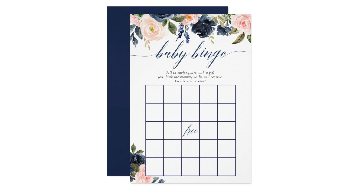 Baby shower bingo game Blush pink navy blue floral Invitation | Zazzle.com