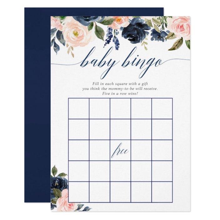 Baby shower bingo game Blush pink navy blue floral Invitation | Zazzle.com