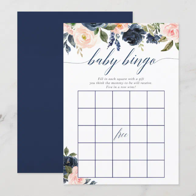 Baby shower bingo game Blush pink navy blue floral Invitation | Zazzle