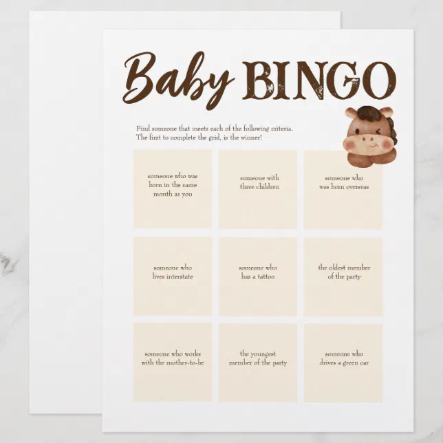 Baby shower bingo game brown personalized template letterhead | Zazzle