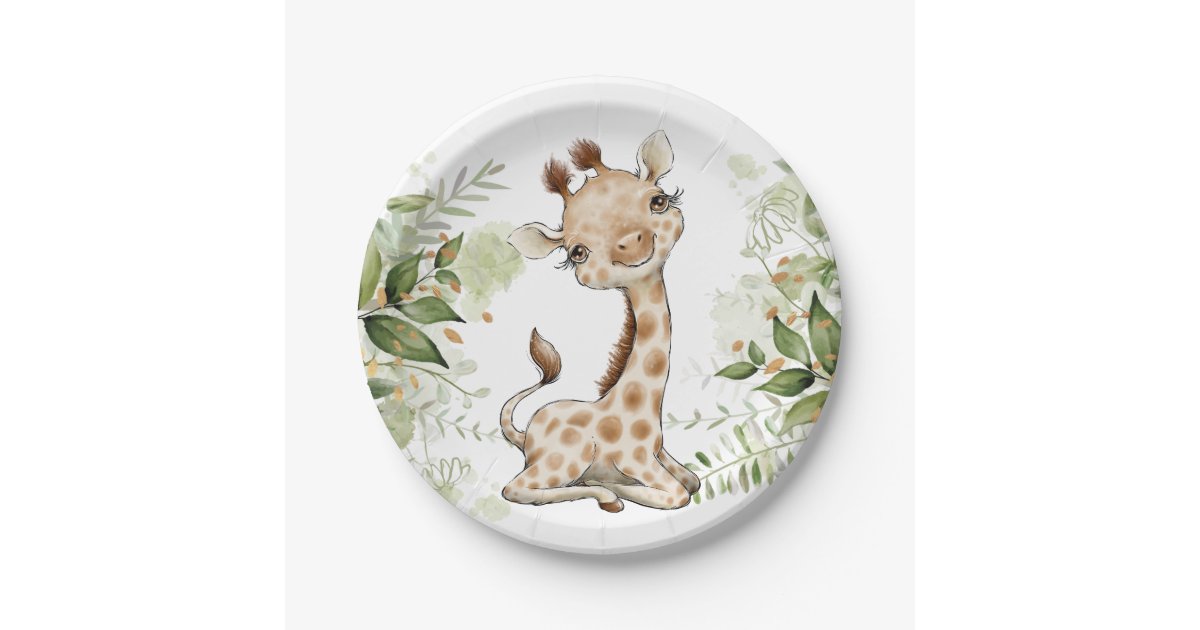 Baby Shower Birthday Cute Giraffe Greenery Paper Plates | Zazzle