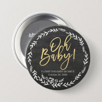 Baby Shower Black & White Floral Frame Chalkboard Button | Zazzle