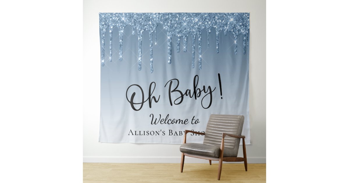 Baby Shower Blue Glitter Welcome Photo Backdrop | Zazzle