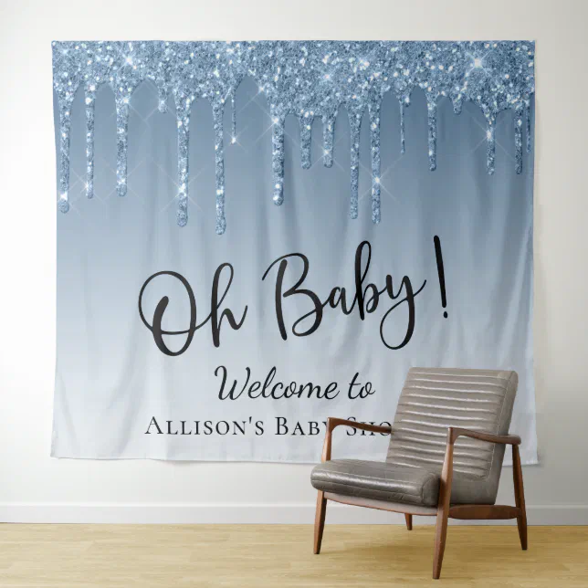 Baby Shower Blue Glitter Welcome Photo Backdrop | Zazzle