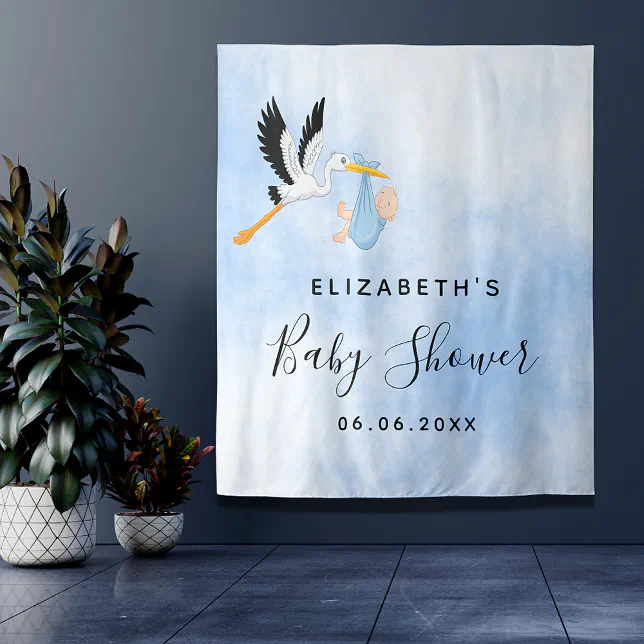 Baby Shower blue stork boy cute Tapestry | Zazzle
