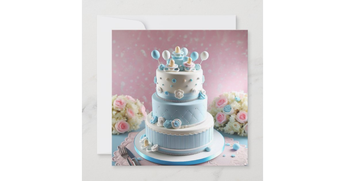 BABY SHOWER, BLUE & WHITE CAKE WITH PACIFIERS INVITATION | Zazzle