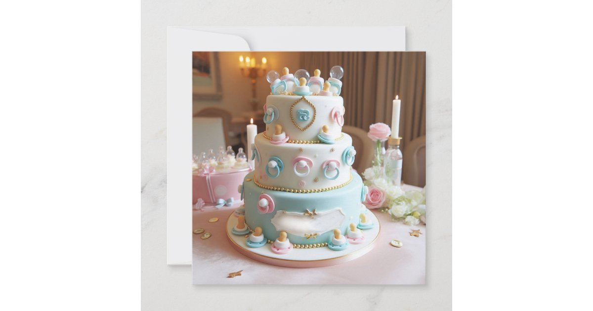 BABY SHOWER, BLUE & WHITE CAKE WITH PACIFIERS INVITATION | Zazzle