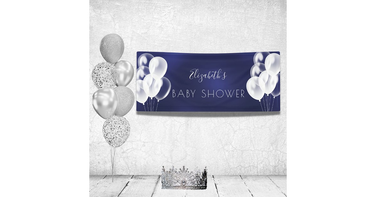 Baby Shower boy navy blue white balloons name Banner | Zazzle