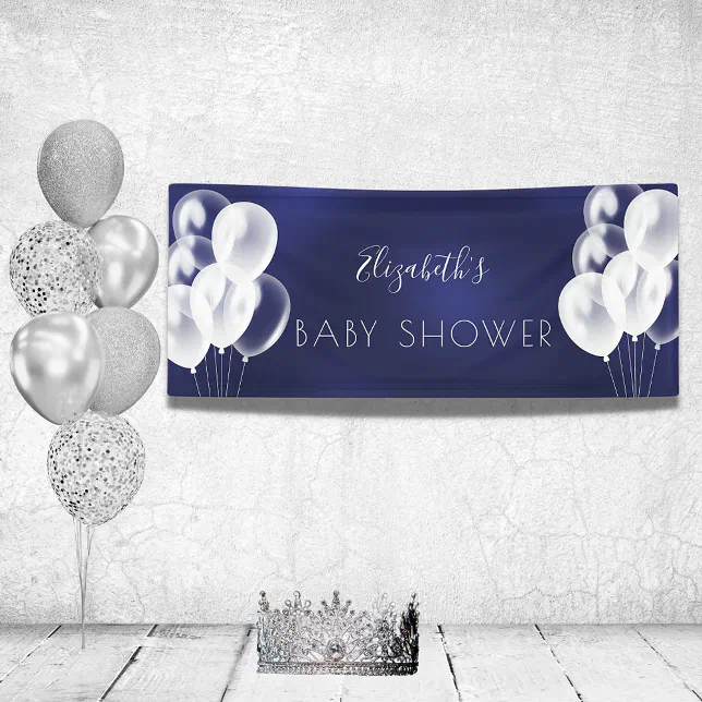 Baby Shower boy navy blue white balloons name Banner | Zazzle