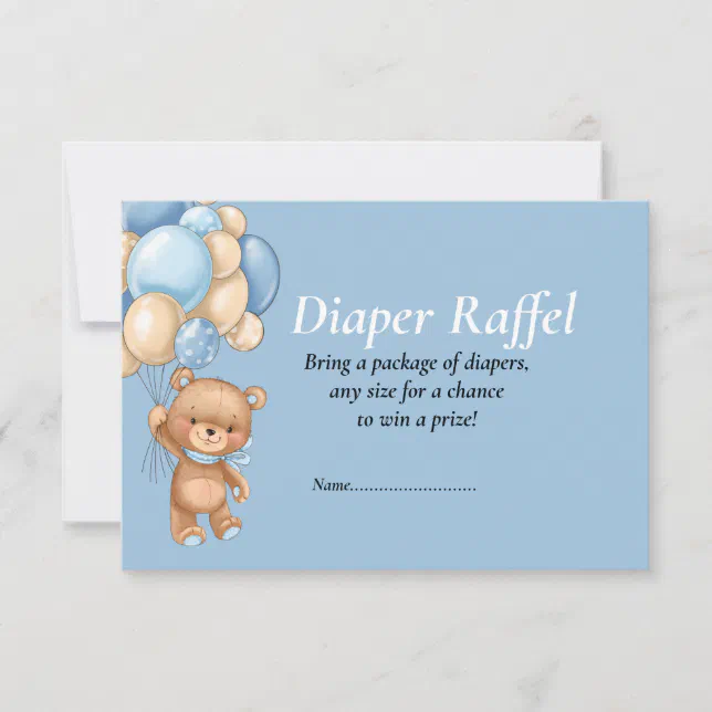 Baby Shower Boy Teddy Balloons Blue Diaper Raffel Invitation | Zazzle