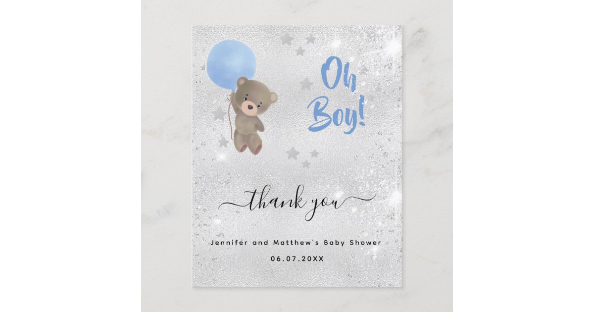 Baby Shower boy teddy bear silver thank you card | Zazzle