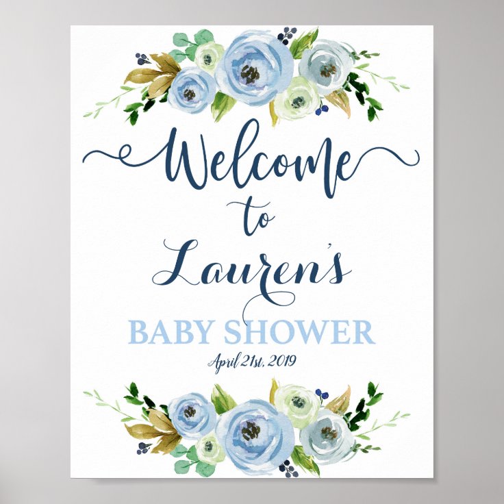 Baby shower boy welcome sign, floral blue poster | Zazzle