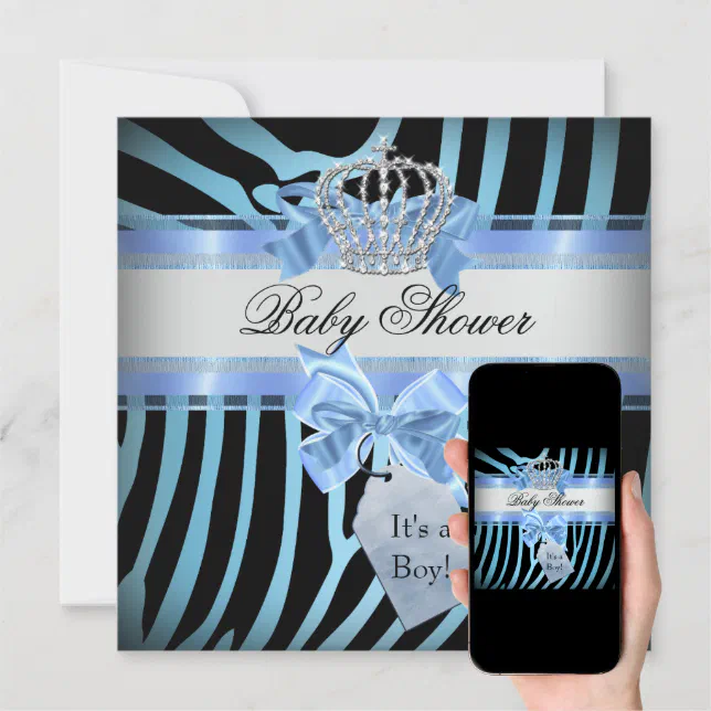 Baby Shower Boy Zebra Blue Prince Crown Black Invitation | Zazzle