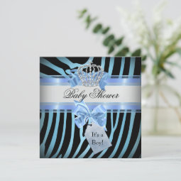 Baby Shower Boy Zebra Blue Prince Crown Black Invitation | Zazzle
