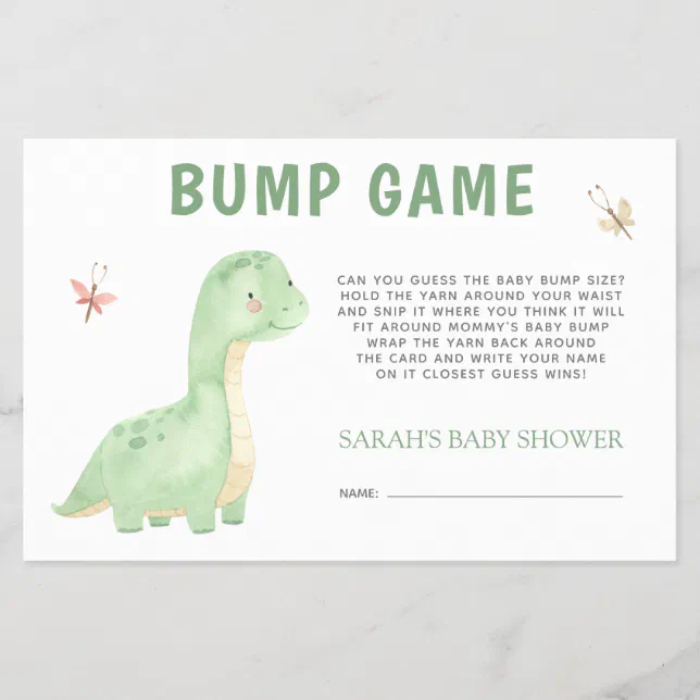 Baby Shower Bump Game Cute Green Dinosaur Flyer | Zazzle