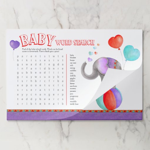 Baby shower circus elephant word search game paper placemat | Zazzle