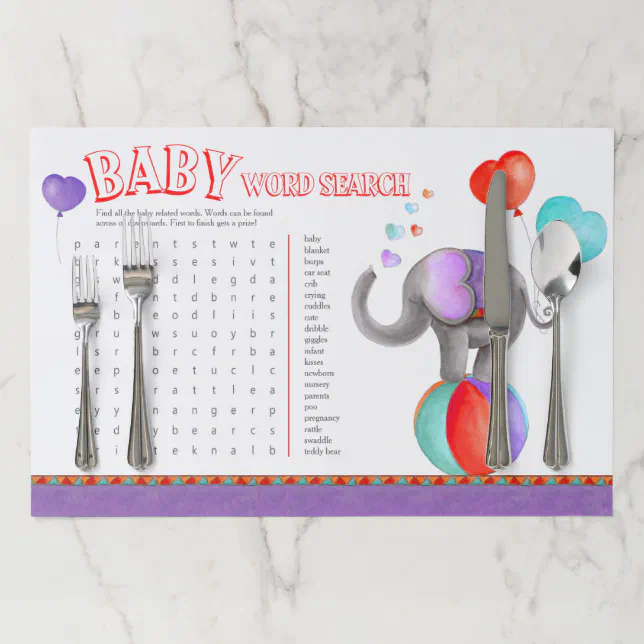 Baby shower circus elephant word search game paper placemat | Zazzle