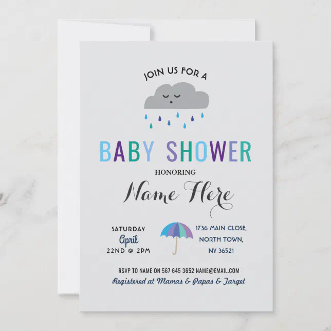 Baby Shower Cloud Sprinkle Rain Cute Umbrella Rain Invitation | Zazzle
