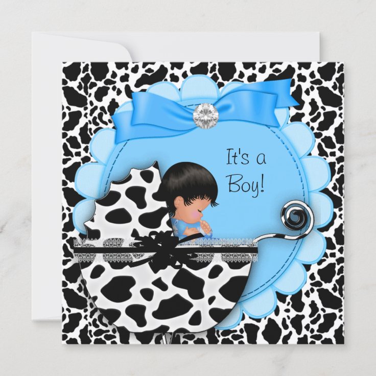 Baby Shower Cute Baby Boy Blue Pram Cow Invitation | Zazzle