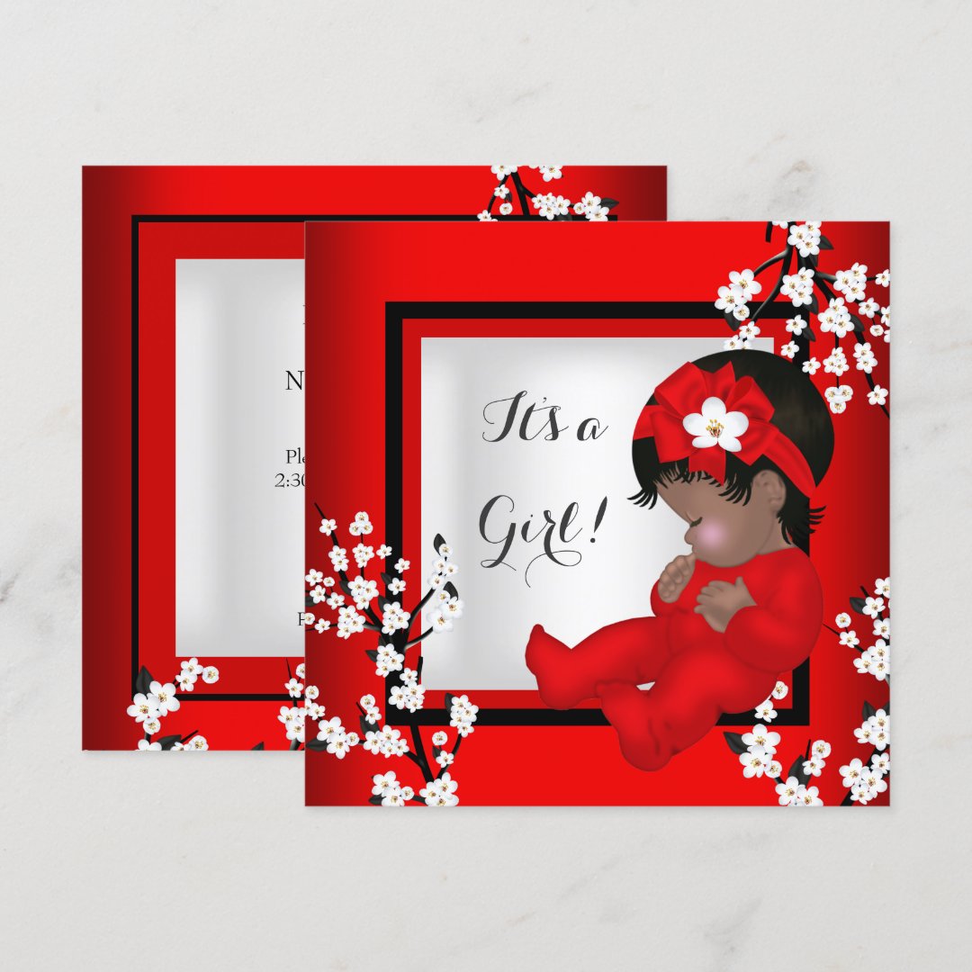 Baby Shower Cute Baby Girl Red Blossom Black AM4 Invitation | Zazzle
