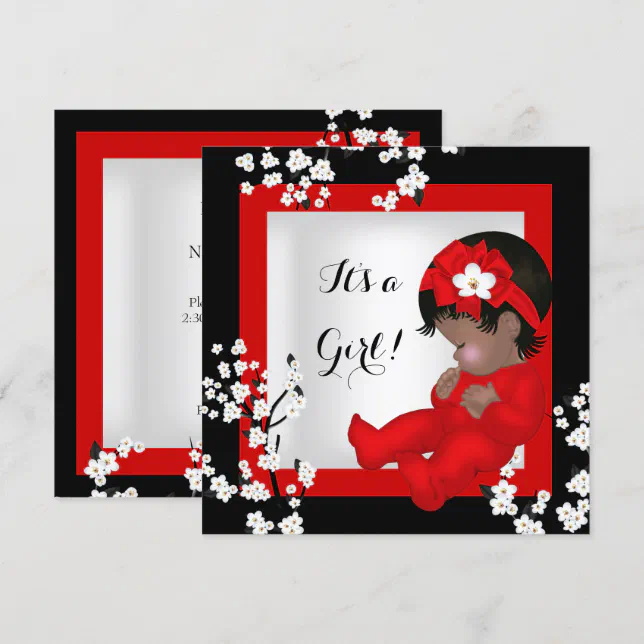 Baby Shower Cute Baby Girl Red Blossom Black AM5 Invitation | Zazzle