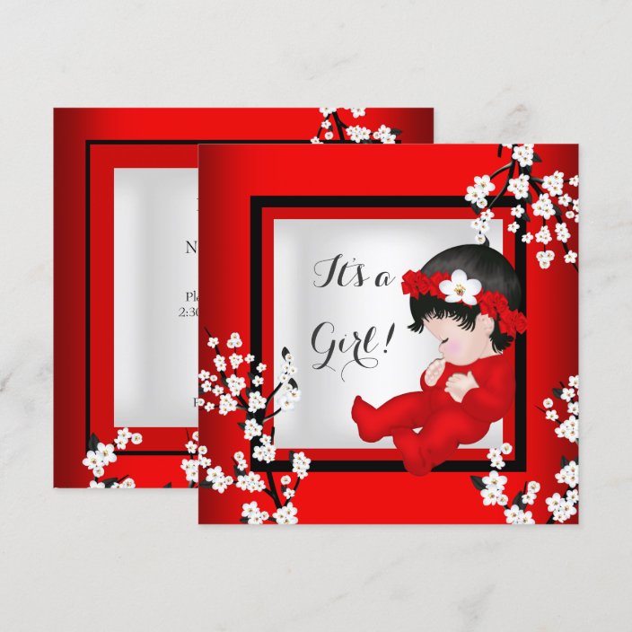 Baby Shower Cute Baby Girl Red Blossom Black C4 Invitation | Zazzle.com