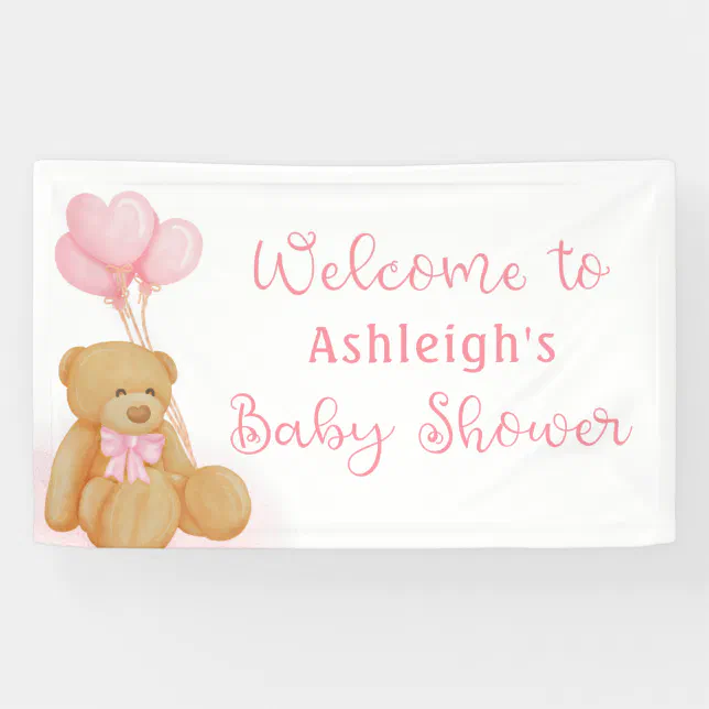 Baby Shower Cute Teddy Bear Pink Heart Balloons Banner | Zazzle