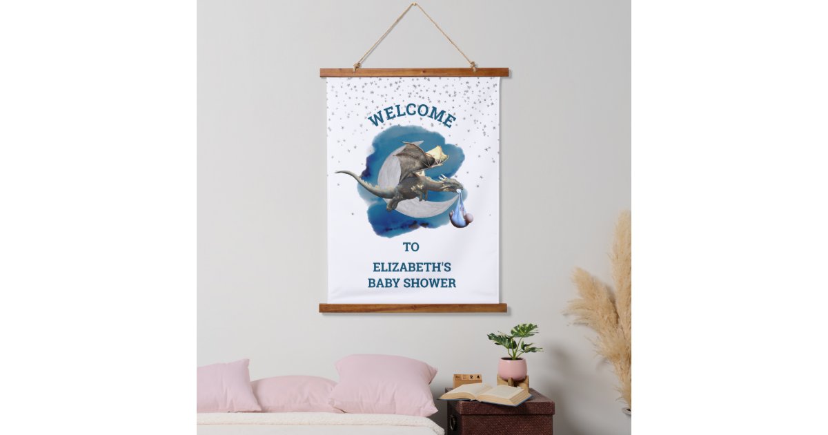 Baby Shower Dragon Stork Welcome Sign Hanging Tapestry | Zazzle