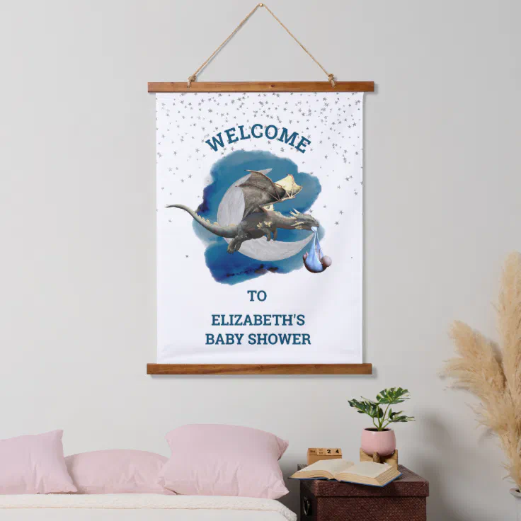 Baby Shower Dragon Stork Welcome Sign Hanging Tapestry | Zazzle